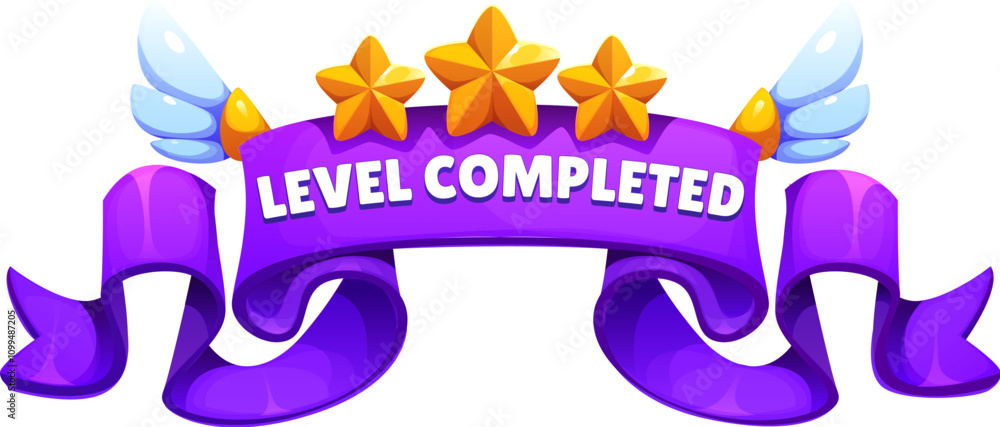 Game asset featuring a level completed badge icon with a purple ribbon ...