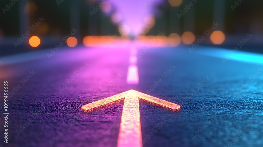 Glowing Neon Arrow on Asphalt Road at Night Stock Illustration | Adobe ...