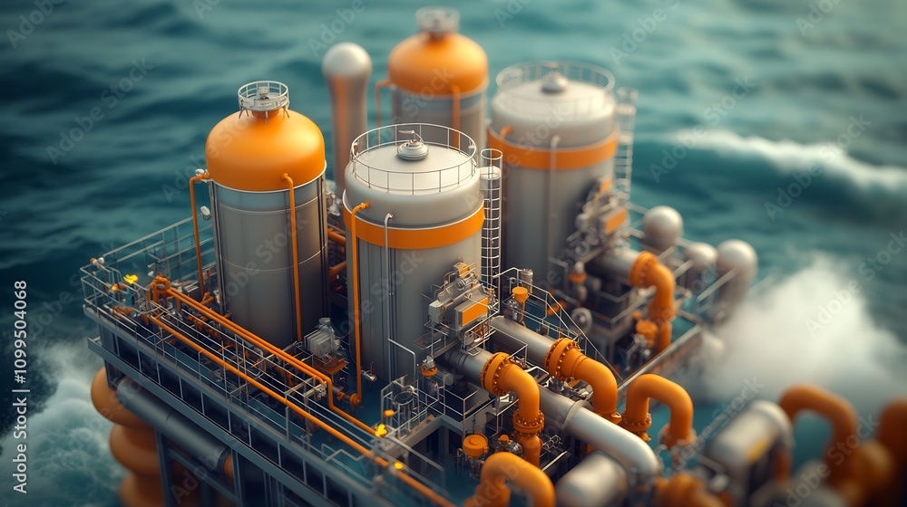 Massive offshore desalination plant extracting freshwater from seawater ...