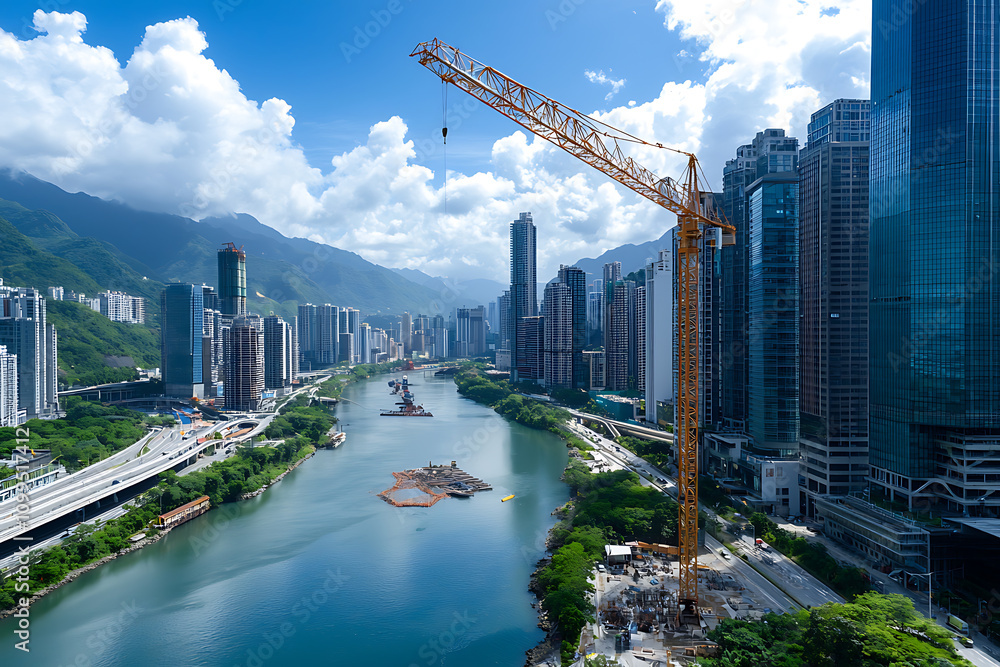 Construction progress of skyscraper district urban riverfront aerial ...