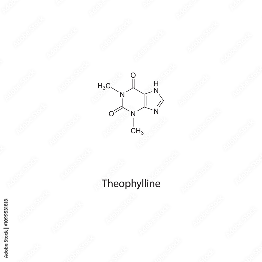 Theophylline flat skeletal molecular structure Bronchodilator drug used in Asthma, COPD ...