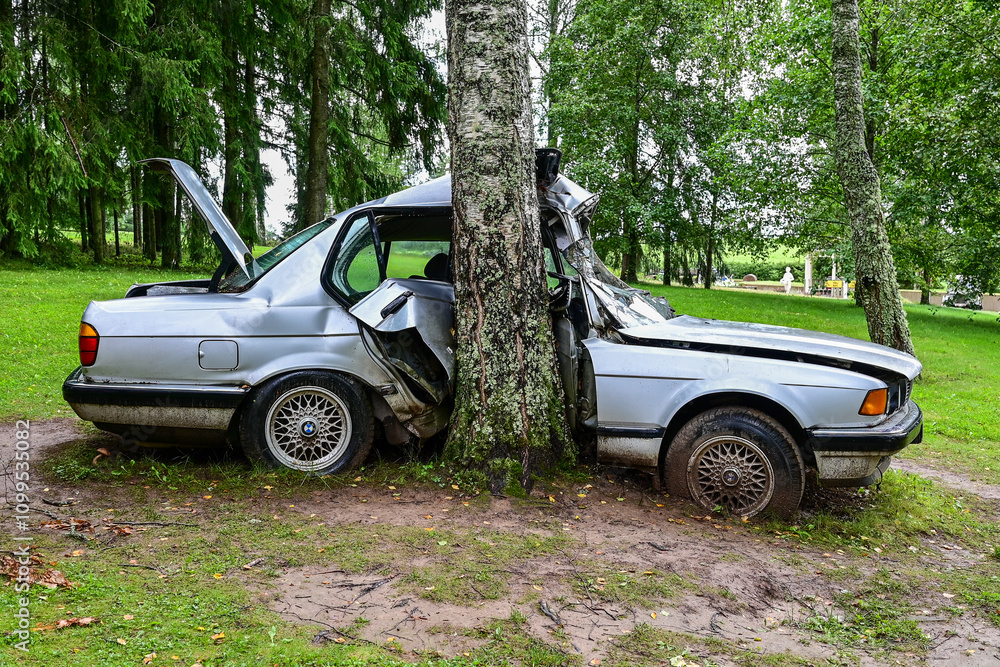 Accident depiction with a tree caused by excessive speed as a deterrent ...