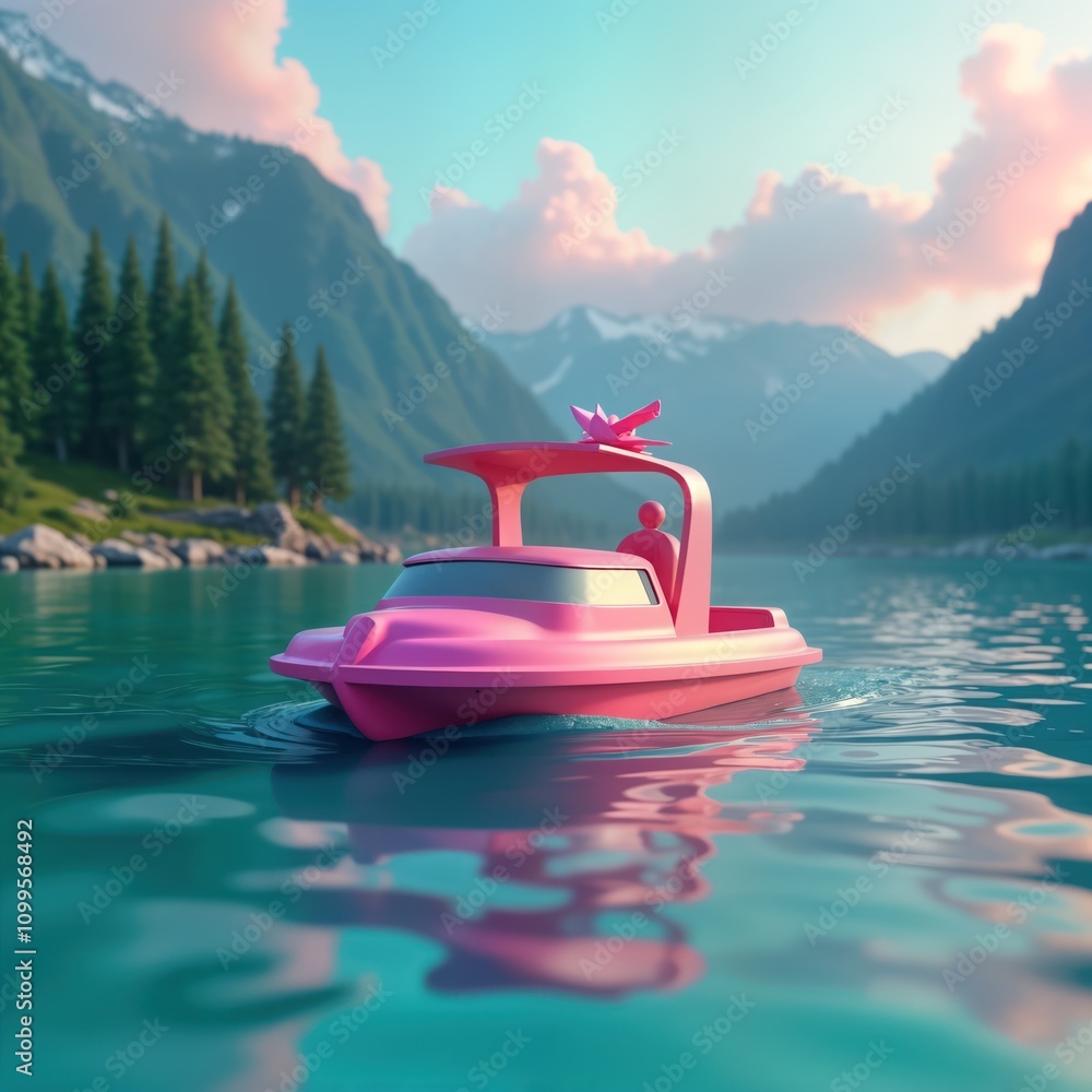 Pink boat floats on calm water in tranquil landscape. Scenic mountains ...