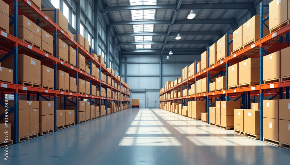 Spacious warehouse interior displays organized rows of shelves filled ...