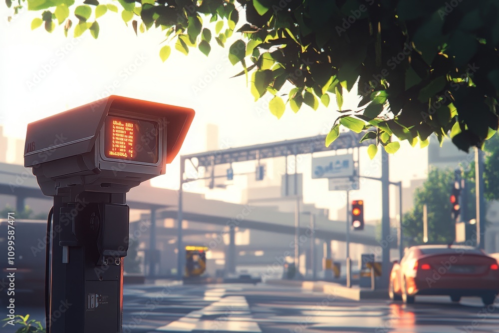 Urban Traffic Monitoring System with Digital Display in a Bright Sunny ...