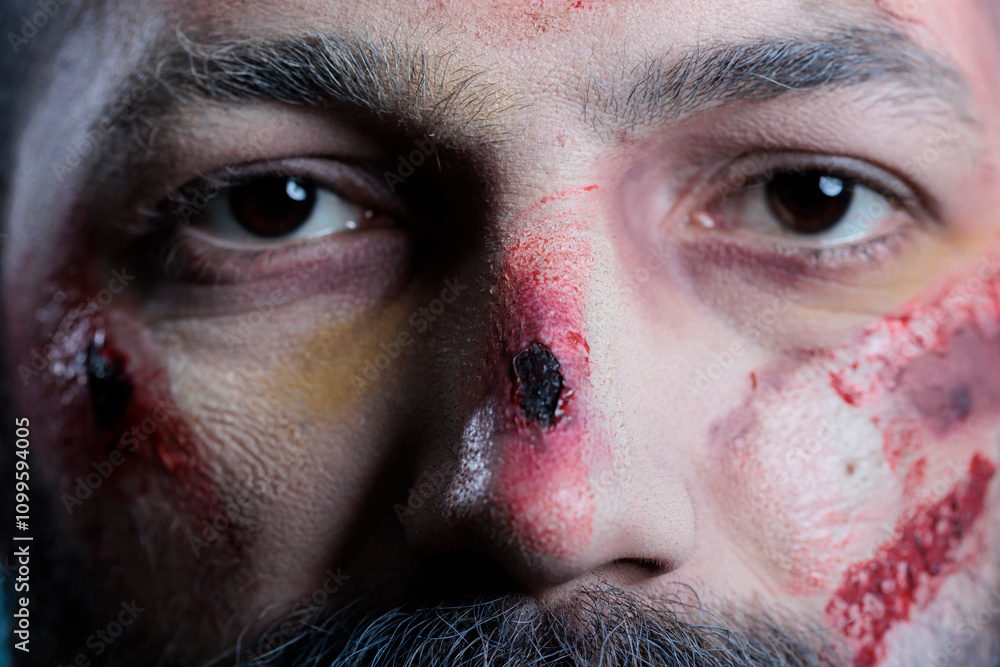 Portrait of actor dressed as thriller film zombie with gore blood and ...