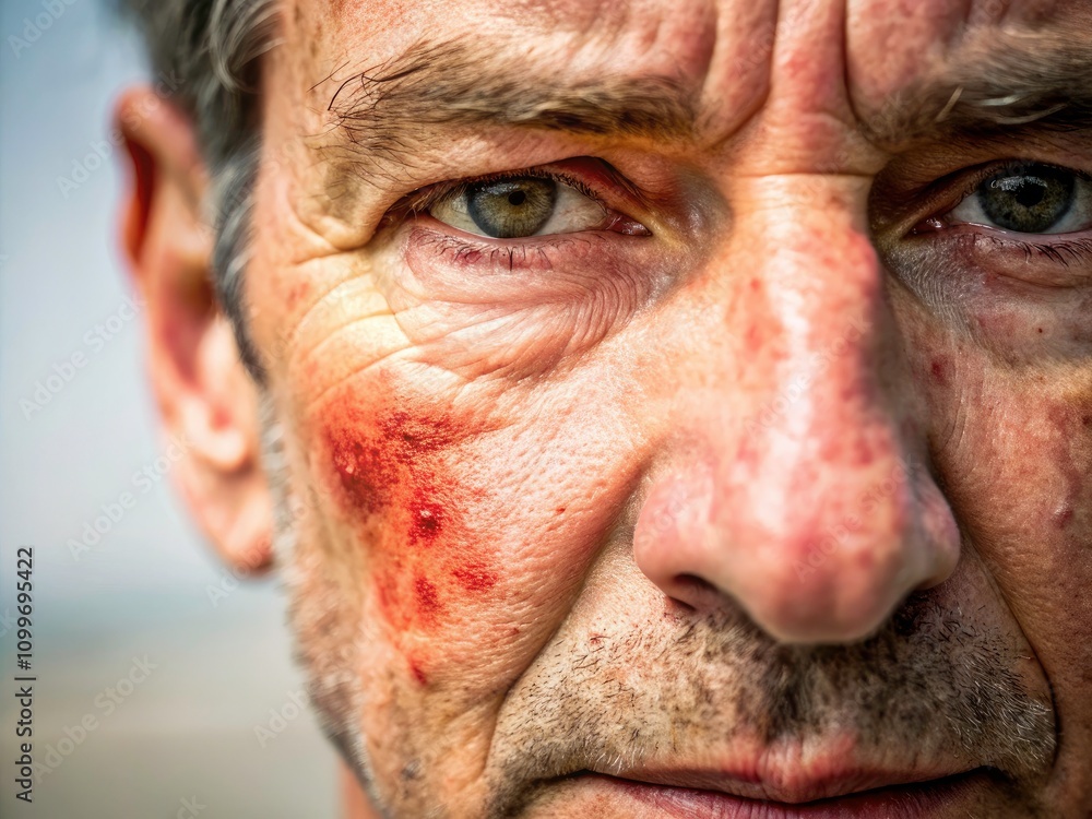 Actinic Keratosis: Red Crusty Lesions on Sun-Damaged Skin of a Man's ...