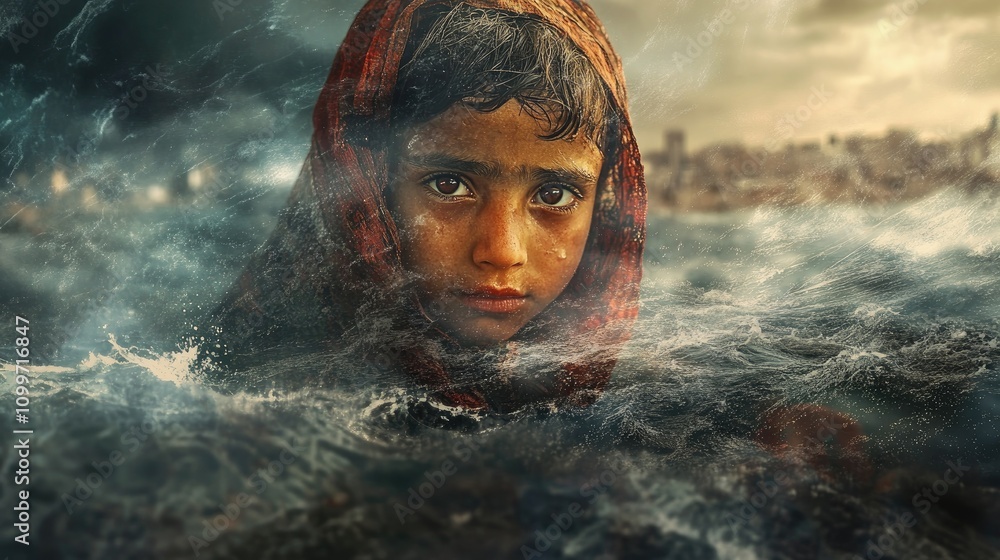Child in turbulent water with a red scarf, expressing distress and hope ...