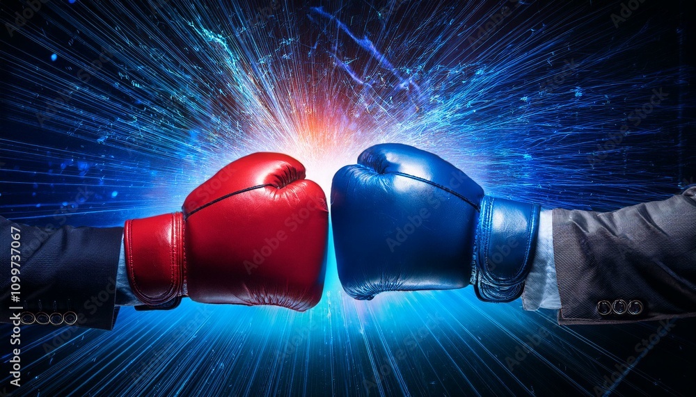 Clash of Titans: Two powerful hands in boxing gloves collide in a ...