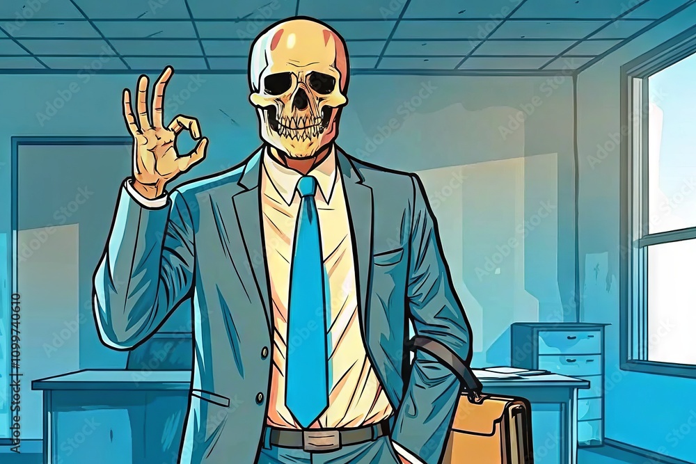 Businessman with a skull mask making an okay gesture in a modern office ...