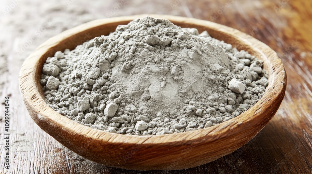 Powdered titanium dioxide in a wooden bowl showcasing its fine, gray ...