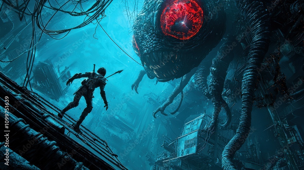 Epic knight vs. Glowing serpent battle in dark cavern a fantasy action ...