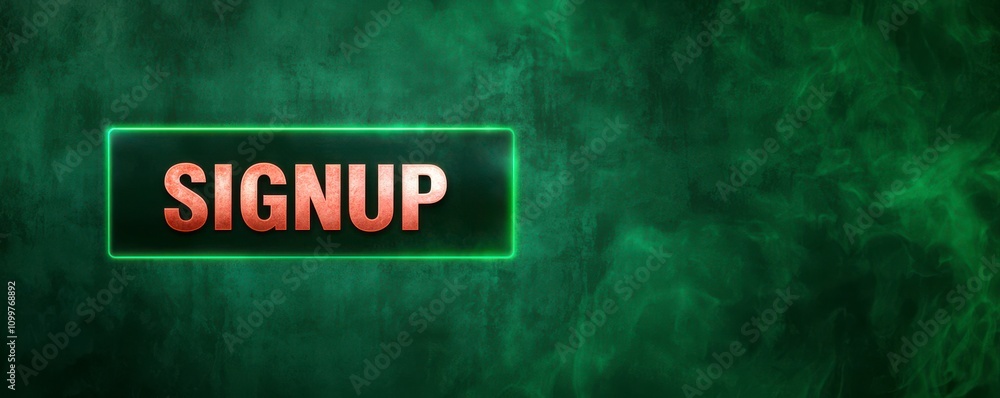 Register sign and signup conceptual. A glowing green "SIGNUP" button ...