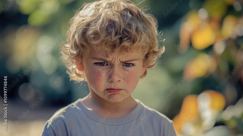 Emotional young boy with curly blonde hair shedding tears in an outdoor ...