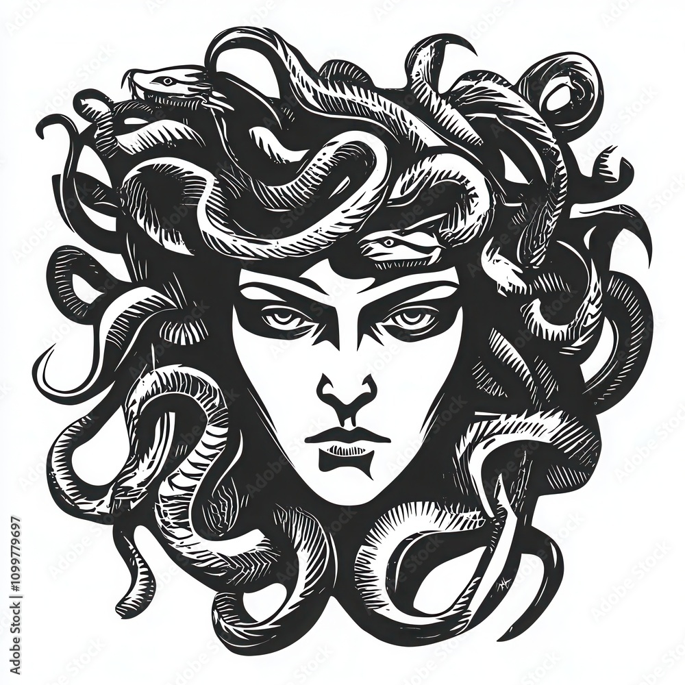 Medusa in a woodcut-inspired vector style, her gaze fierce and her hair ...