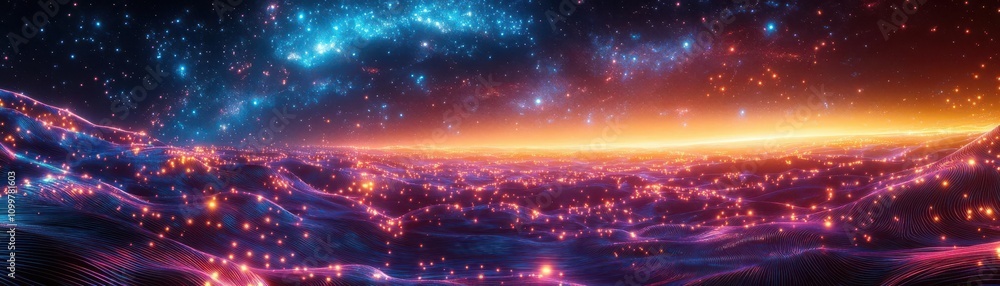 Panorama, divine holographic sky aglow, CG 3D detailing fiber optic ...