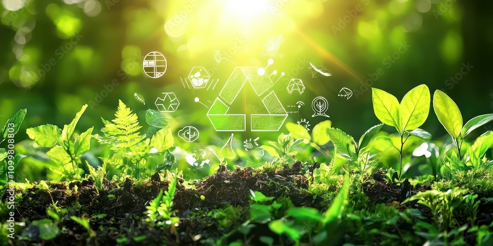 Green tech background with eco-themed icons and a digital display on ...