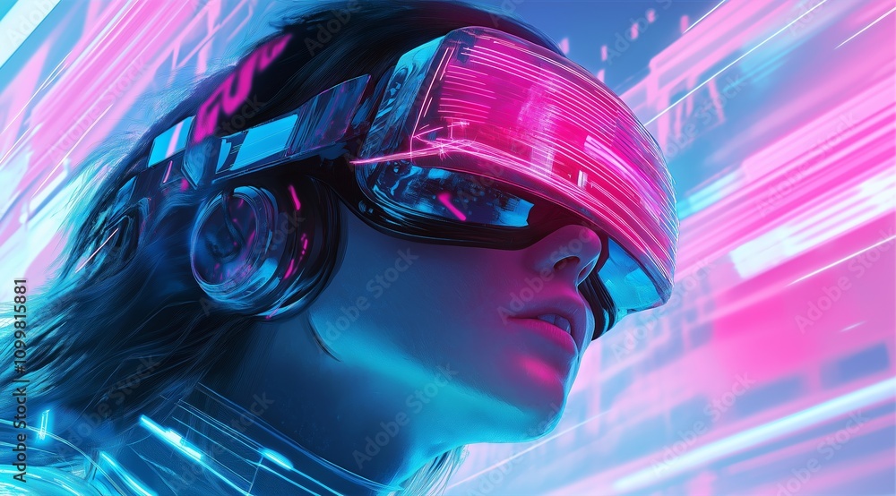 Girl in hi-tech VR glasses with elements of artificial intelligence ...