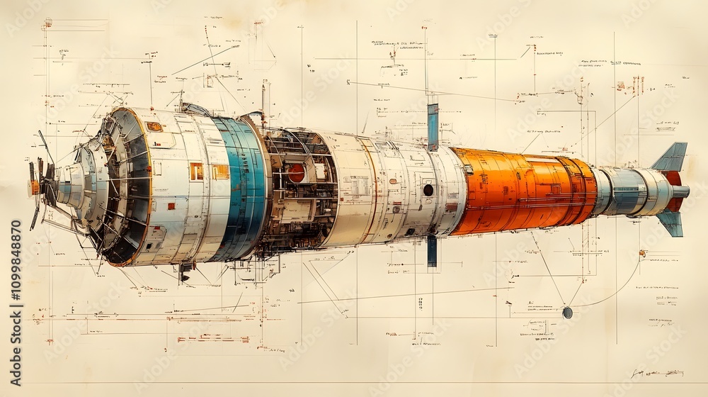 Vintage-style technical illustration of satellite structure with orange ...