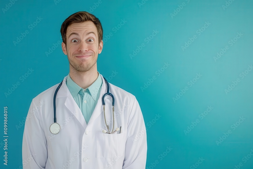 Doctor rolling eyes with blank area above for sarcastic caption ...