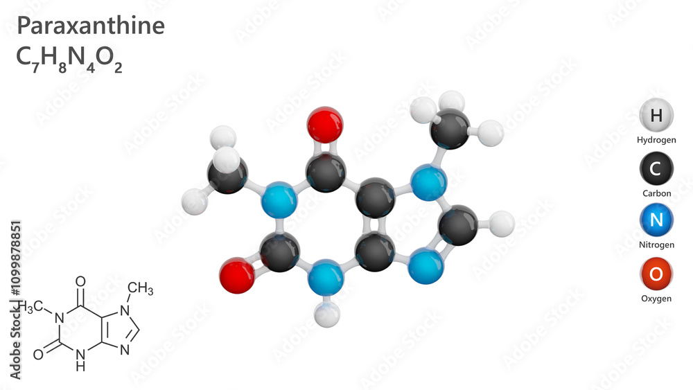 Molecule: Paraxanthine. Molecular structure. Formula: C7H8N4O2 ...
