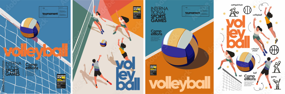Volleyball. Vector illustration of women volleyball players, ball, net ...