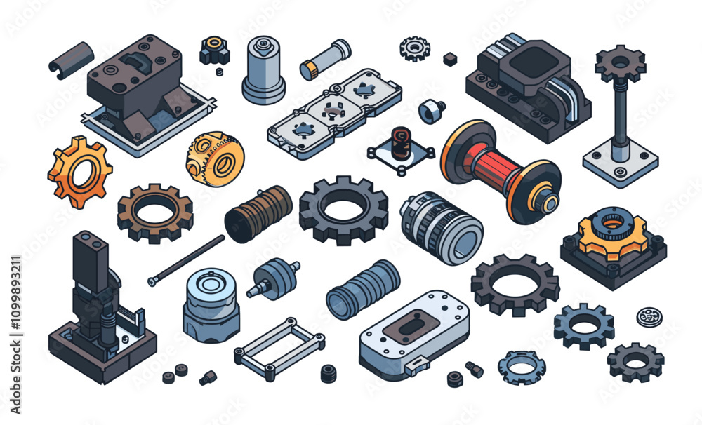 Isometry machinery parts. Gears invention spare details, bushings metal ...