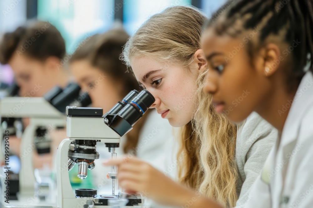 Group of college students performing experiment using microscope in science lab. University ...