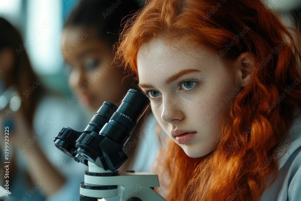 Group of college students performing experiment using microscope in science lab. University ...