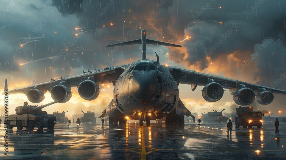Military Transport Plane Loading Tanks and Artillery for Deployment ...