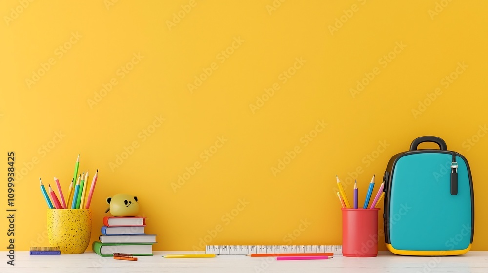 Scattered school supplies including pencils rulers and books on a ...