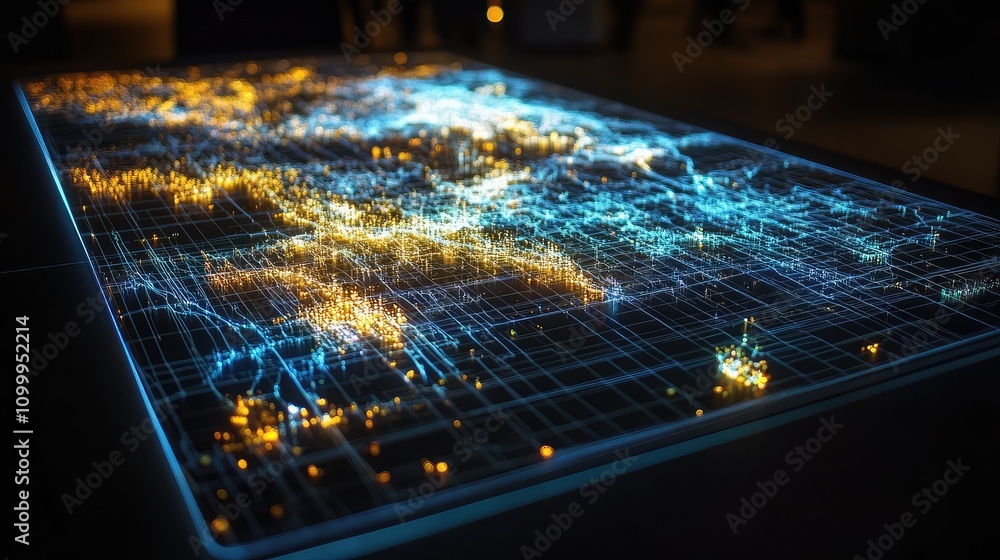 Abstract grid map with luminous lines and data clusters, giving a sense ...