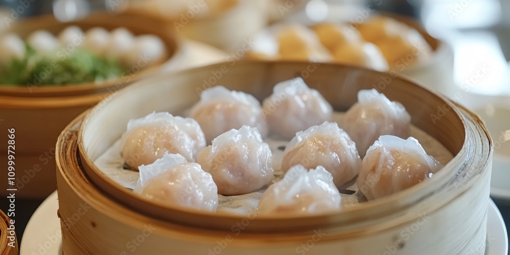 Dim sum displayed on a white dish showcases traditional flavors. The ...