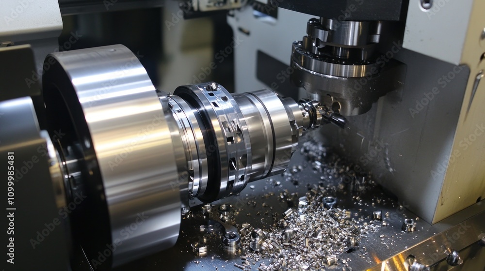 A rotor from an electric motor being machined on a lathe, with metal ...