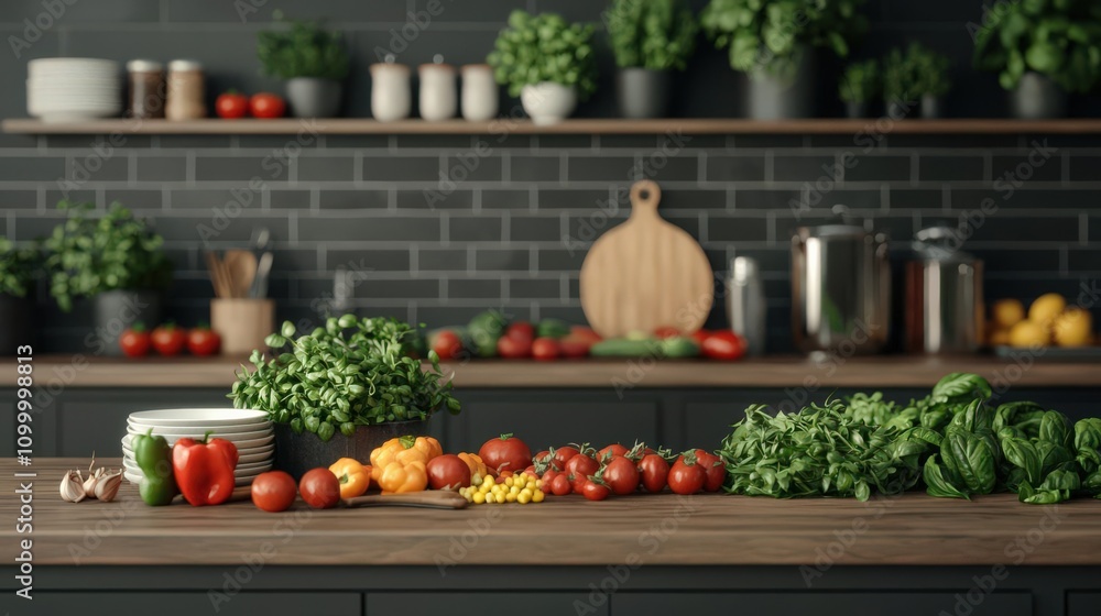 Hyperrealistic 3D render of a chef's table with vibrant fresh produce ...