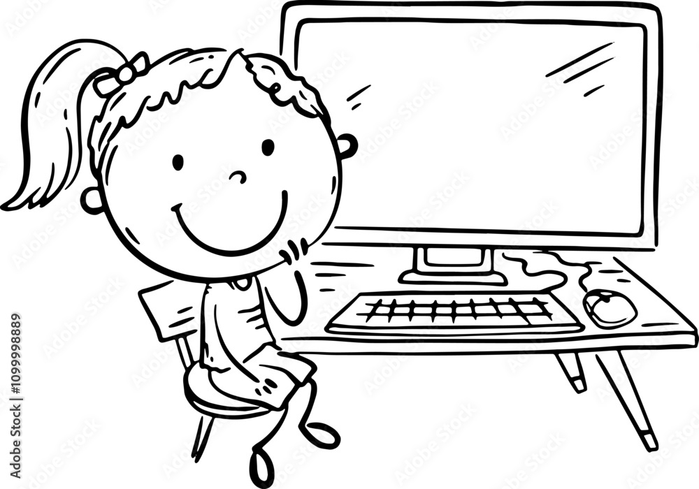 Outline cartoon girl working and studying using desktop computer ...