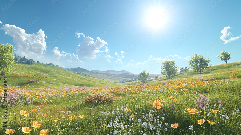A bright, sunny day in a peaceful meadow, with soft rolling hills ...