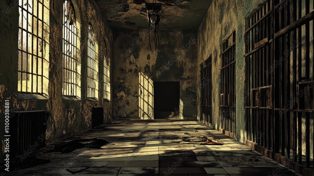 Decaying Corridor: Sunlit Ruins of an Old Prison, showing aged walls ...