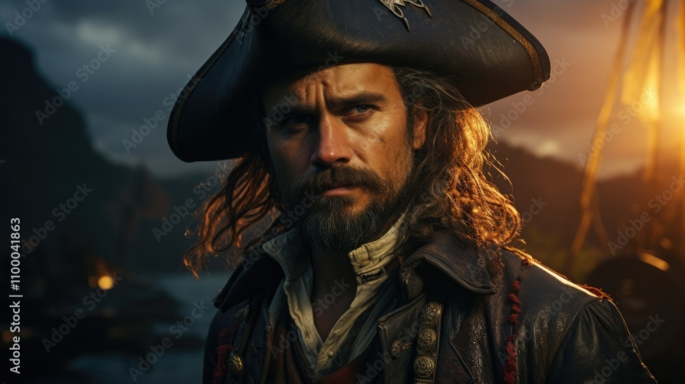 Sunset Portrait: Long-haired Pirate Captain in Leather Jacket and ...