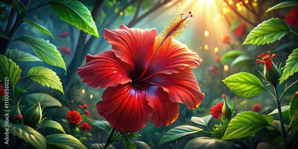 Radiant Red Hibiscus Karkade in 3D: This tropical flower is beautifully ...