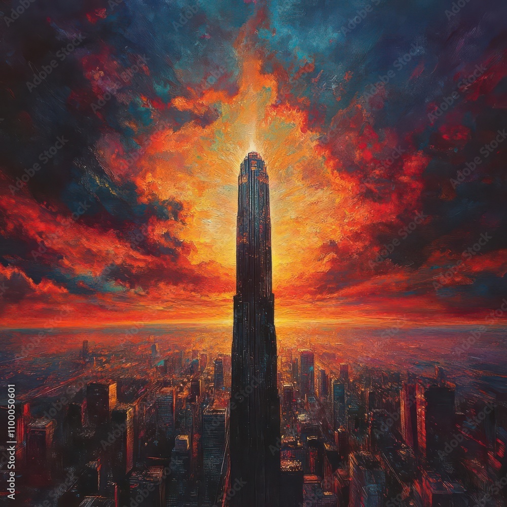 Towering skyscraper with an inverted perspective, vivid metropolis in ...