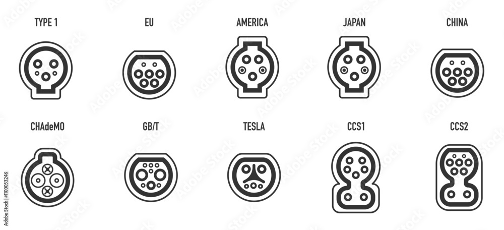 Types of electric vehicle plugs. standard charging connector Stock ...