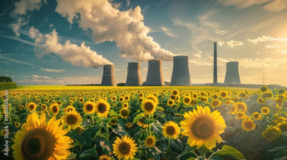 photograph of Nuclear power plant with cooling towers, steam and chimneys on green meadow with ...