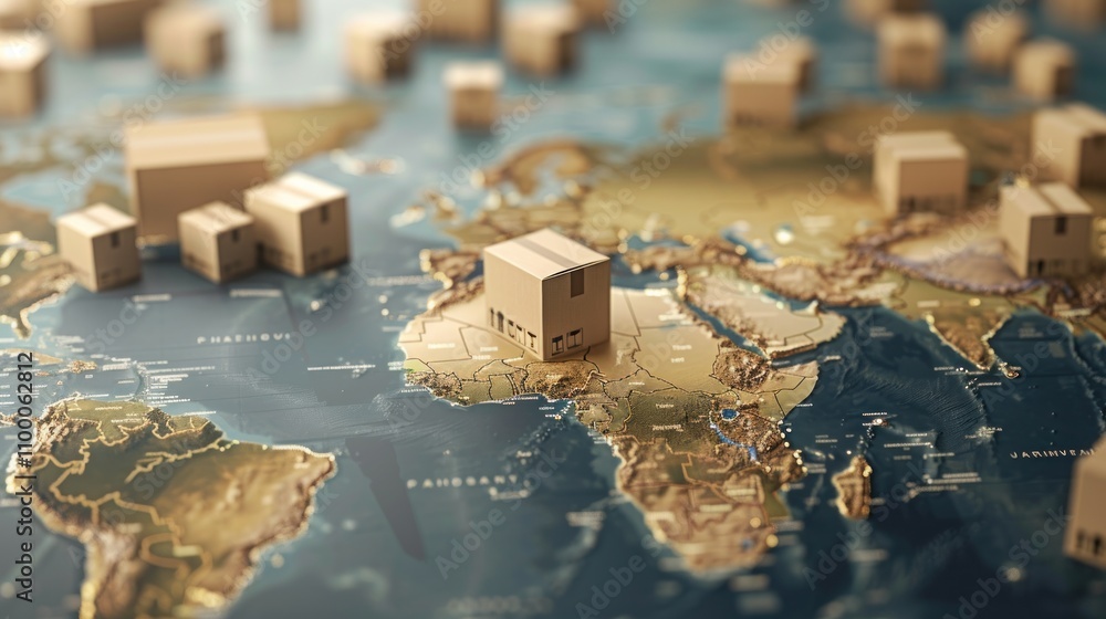 photograph of Parcel boxes dotting a world map, representing the ...
