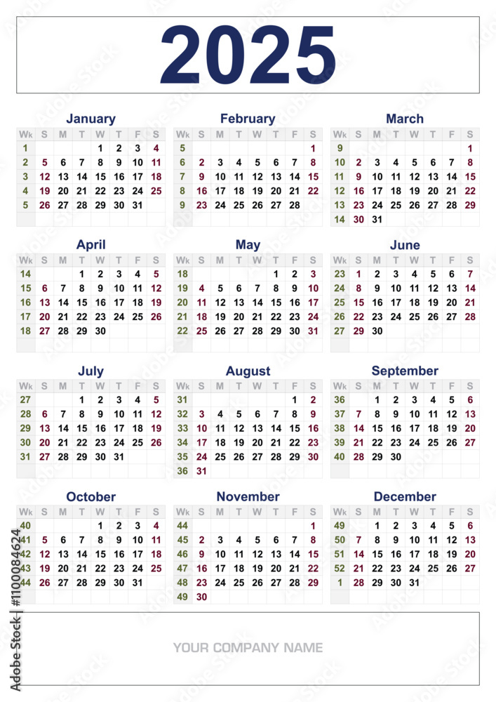 2025 Calendar with Week Numbers Vector Template Stock Vector | Adobe Stock