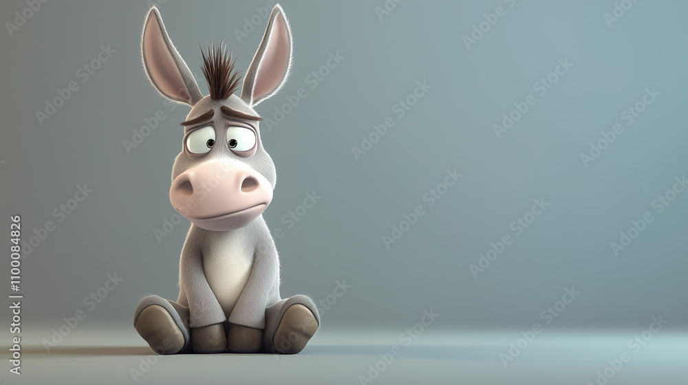 Sad cartoon donkey sitting on a minimalistic blue background with a ...
