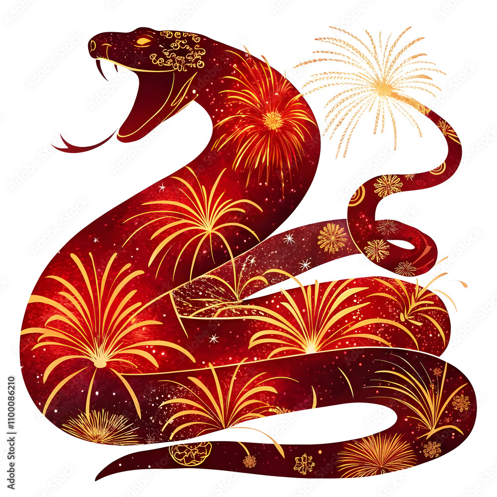 Snake Silhouette with Swirling Red and Gold Fireworks for Celebration ...