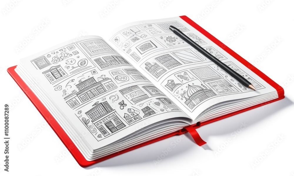 Illustrated comic book layout in red sketchbook with pencil for ...