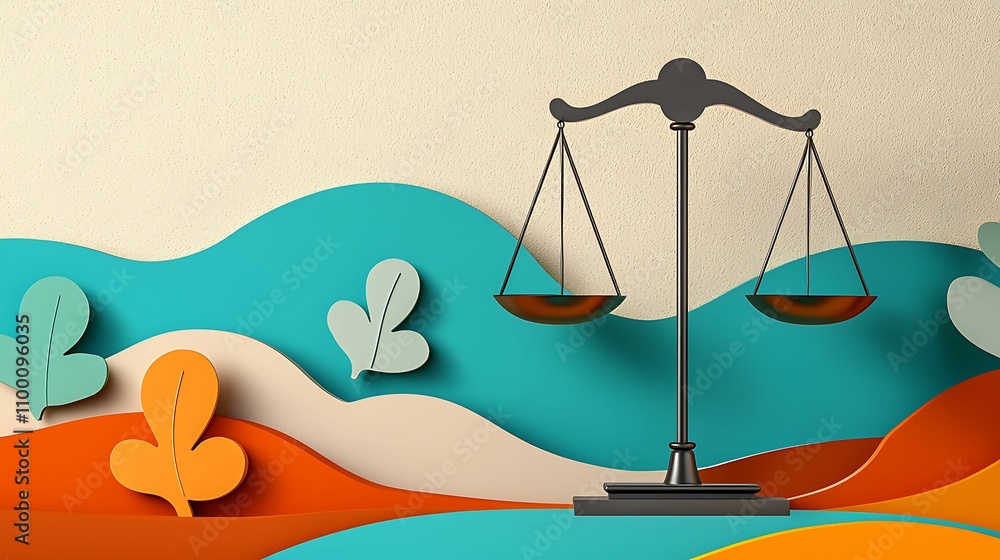 Law restriction review. A balanced scale sits amidst colorful, abstract ...