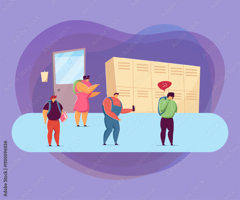 Students bullying lonely child in school. Flat vector illustration ...
